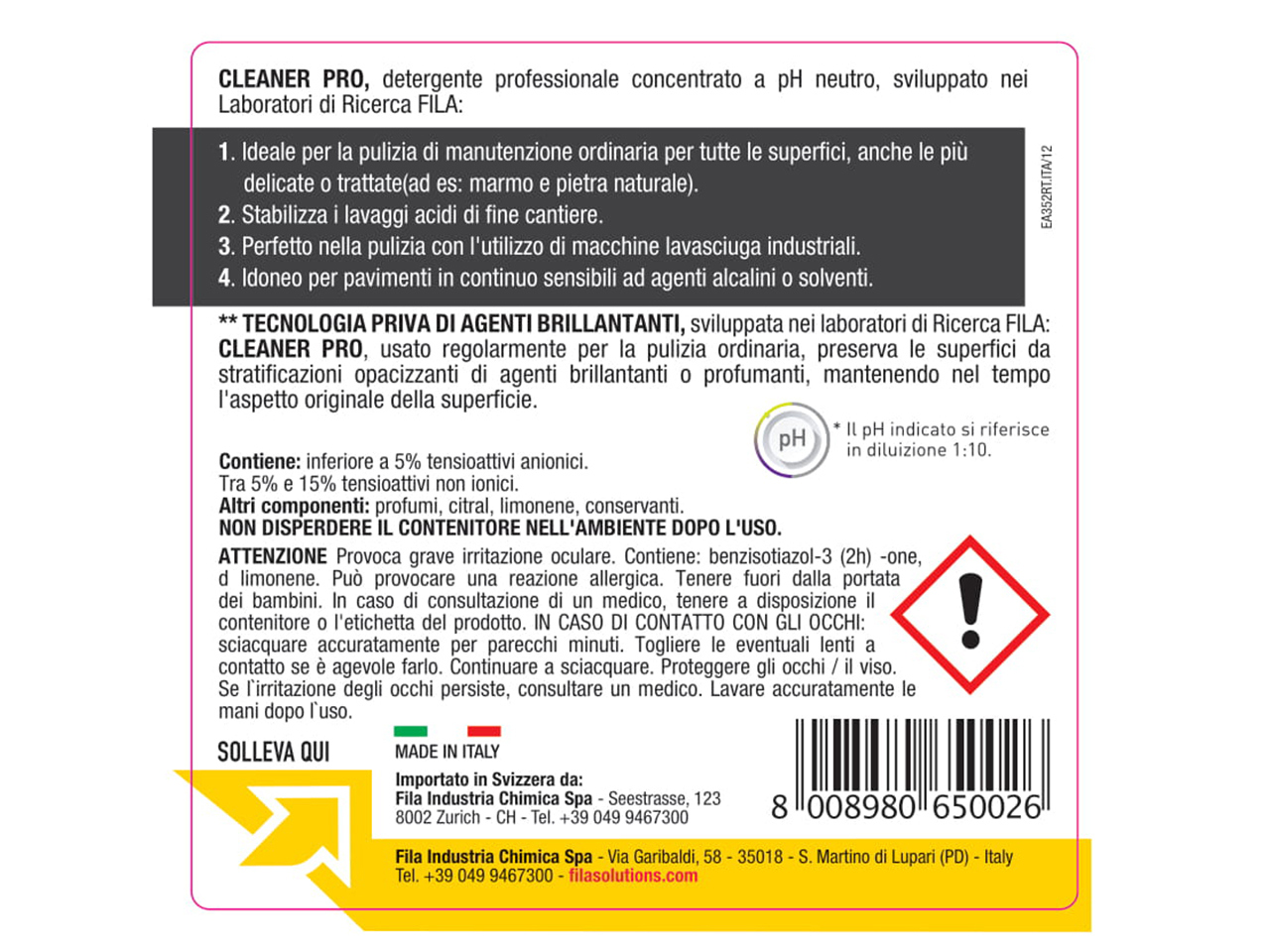 Fila Cleaner Pro 1 lt Detergente Concentrato Neutro - Iperceramica