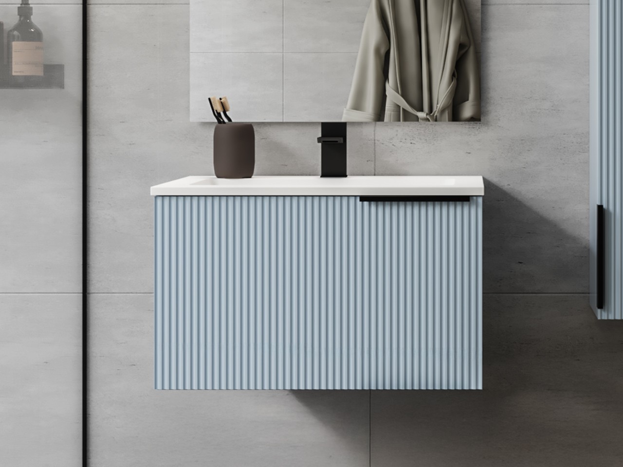 AVIVO Bathroom Vanity 60 cm 1 Fluted Drawer Matte Blue with Glossy ...