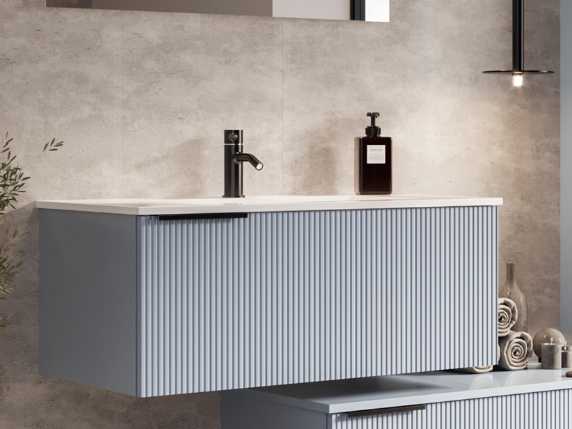 AVIVO Bathroom Vanity 90 cm 1 Fluted Drawer Matte Blue with Glossy ...