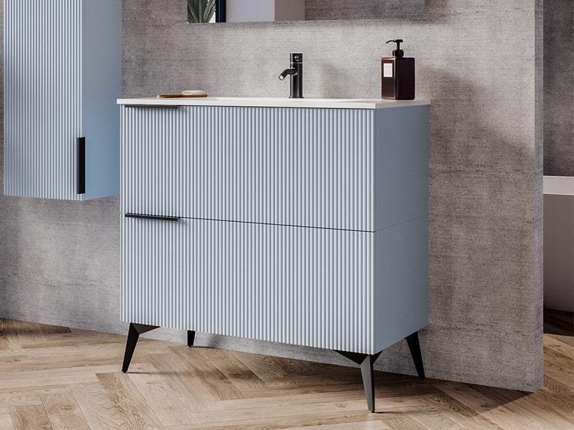Badezimmermöbel AVIVO 90 cm 2 Schubladen gerippte Mattblau mit ...