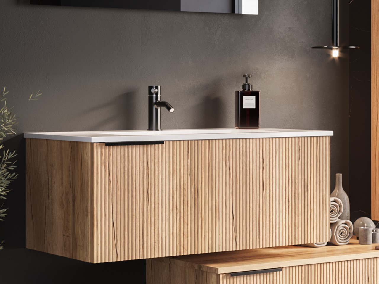 Mobile Bagno AVIVO 90 cm 1 Cassetto Cannettato Rovere Chiaro con Lavabo ...