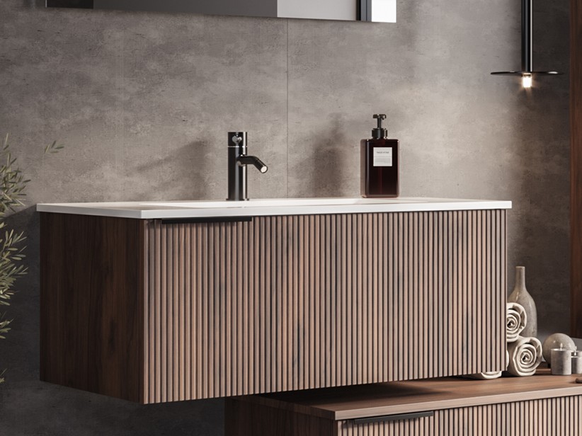 Mobile Bagno AVIVO 90 cm 1 Cassetto Cannettato Rovere Scuro con Lavabo ...