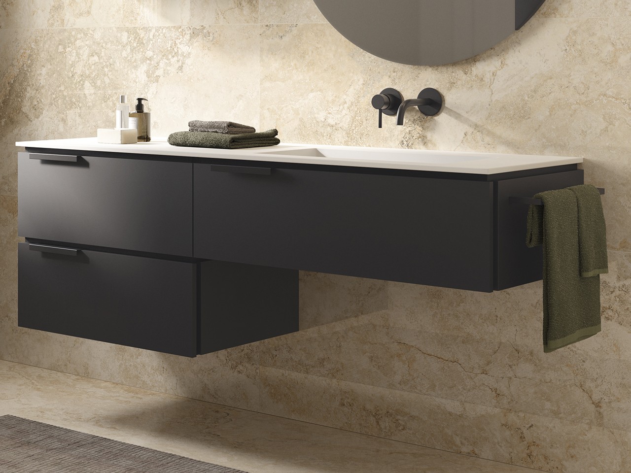 Badmöbel TOUCH 160 cm 3 Schubladen Phoenix Schwarz Matt und Waschbecken ...