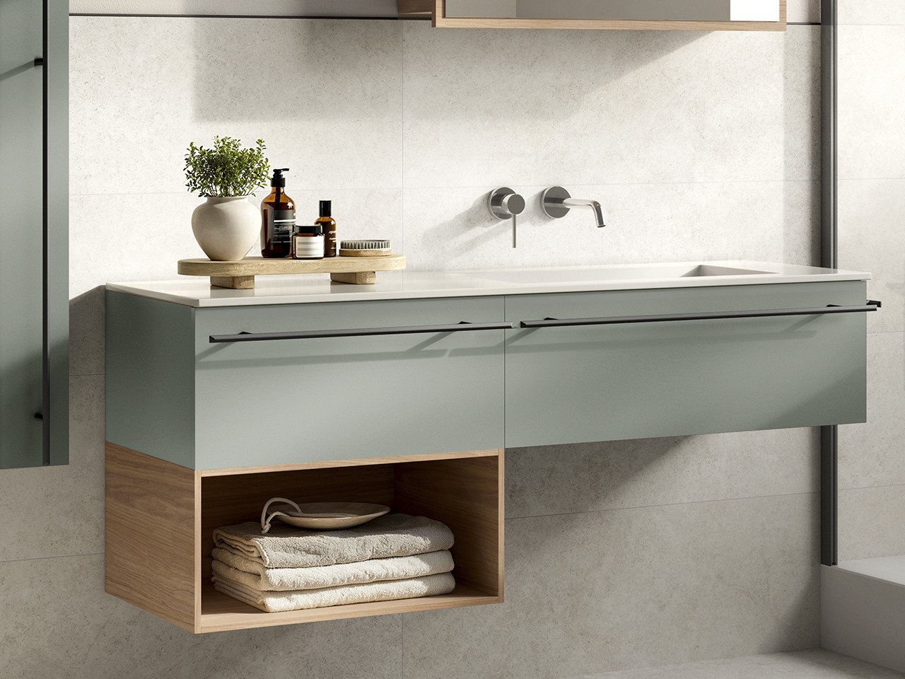 Mobile Bagno LUMI L140 cm a 2 Cassetti Finitura Noce/Verde Opaco con ...