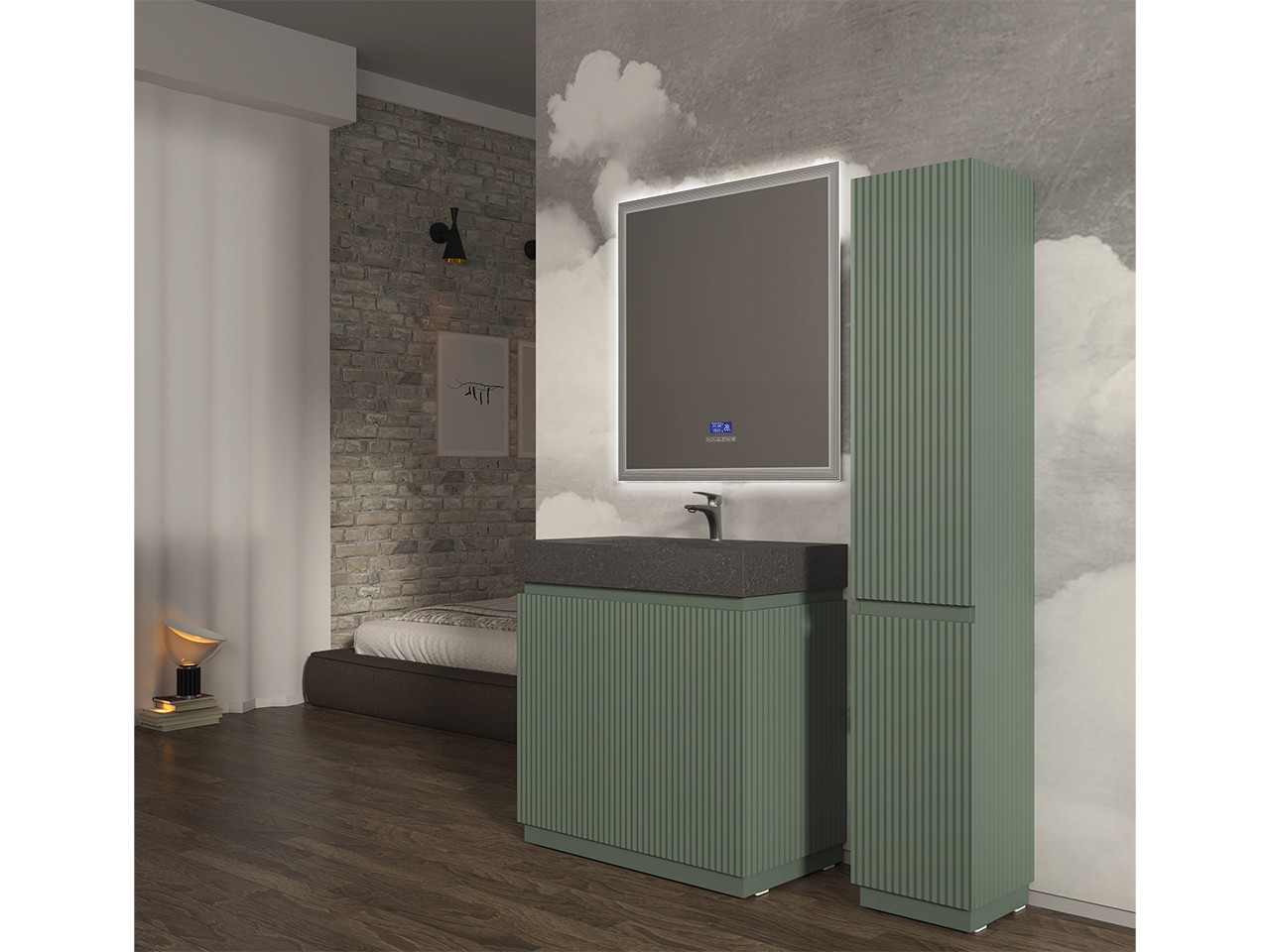 Mobile Bagno FARO Freestanding 90 cm Cannettato Verde Opaco e Lavabo ...