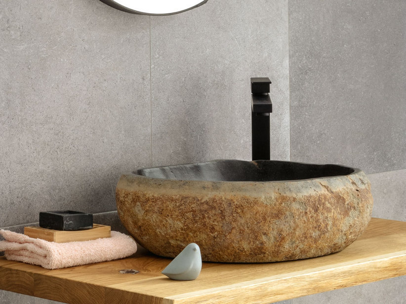 Vasque à poser pierre Riverstone Ø50xH15 cm pierre naturelle noire ...