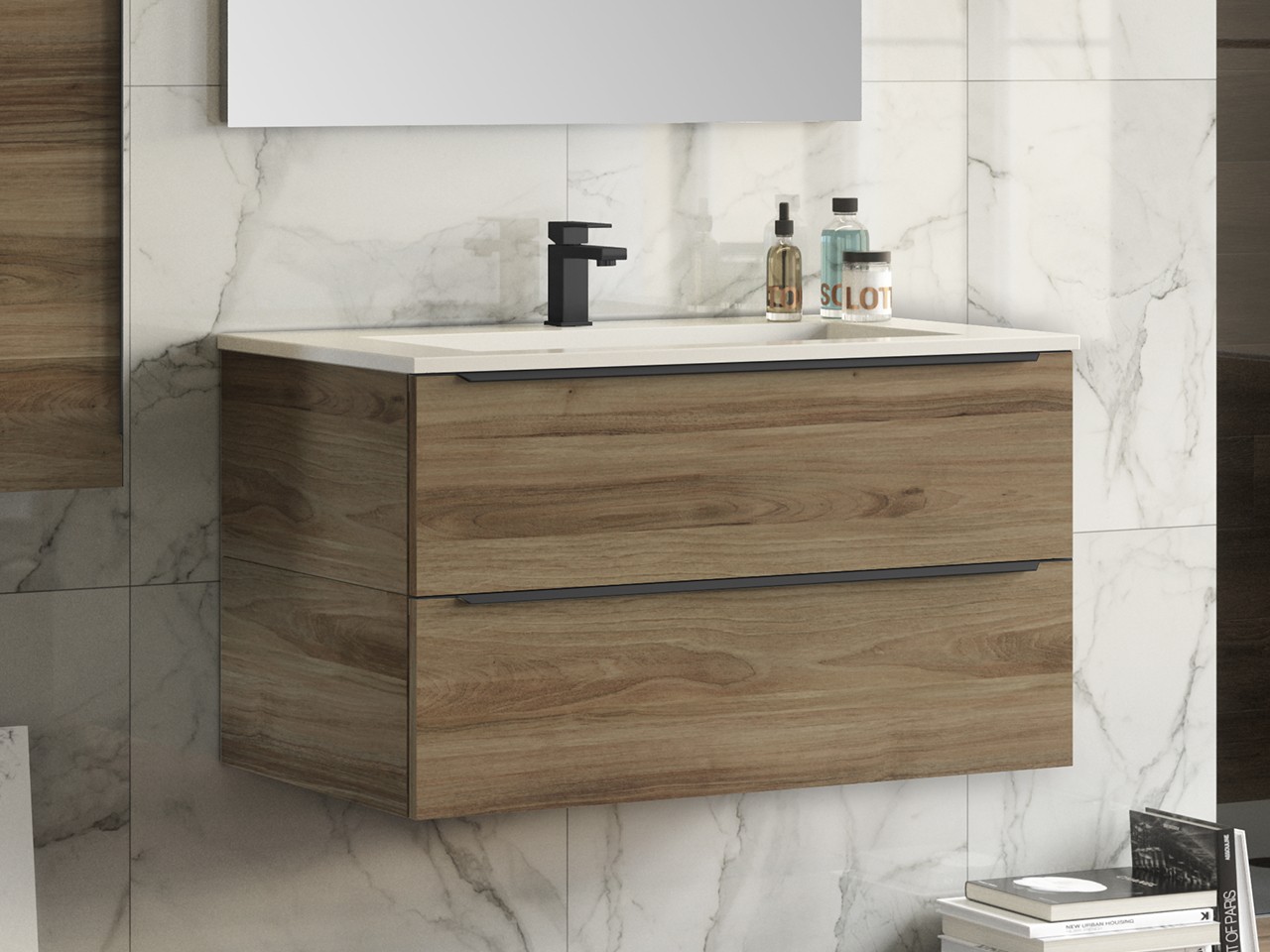 Meuble de salle de bains Trendy 90 cm noyer Belgravia 2 tiroirs et ...