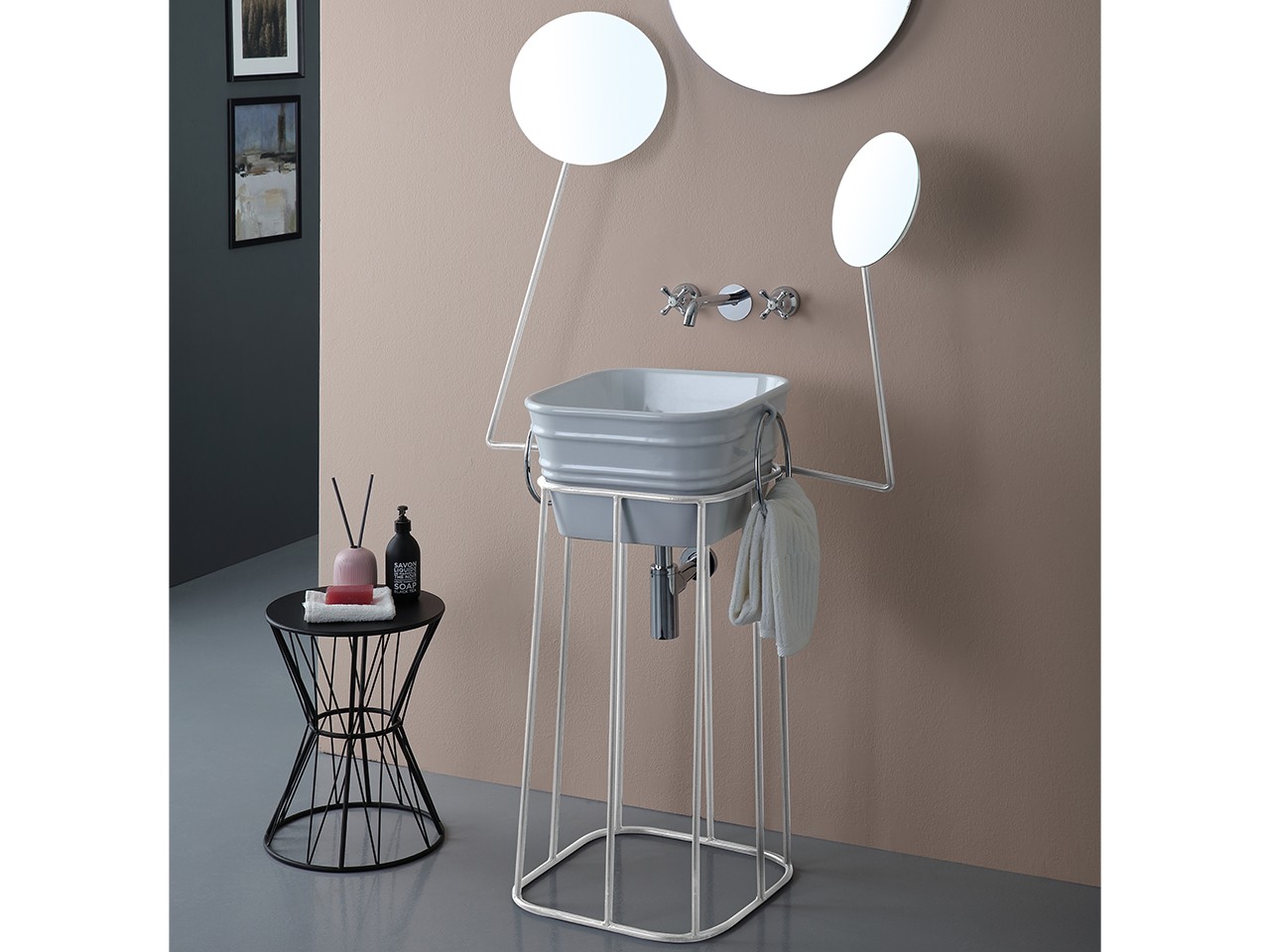 Mobile Bagno Bacile Qubo Lavabo Bianco Lucido con Anelli e Supporto ...