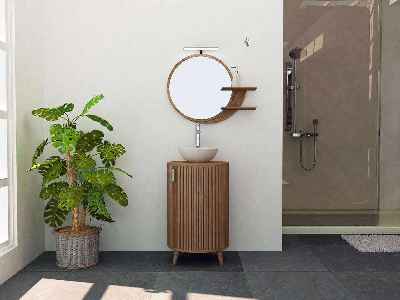 KOMODO 50 Bathroom Cabinet 1 Curved Door in Natural Teak Wood Finish ...
