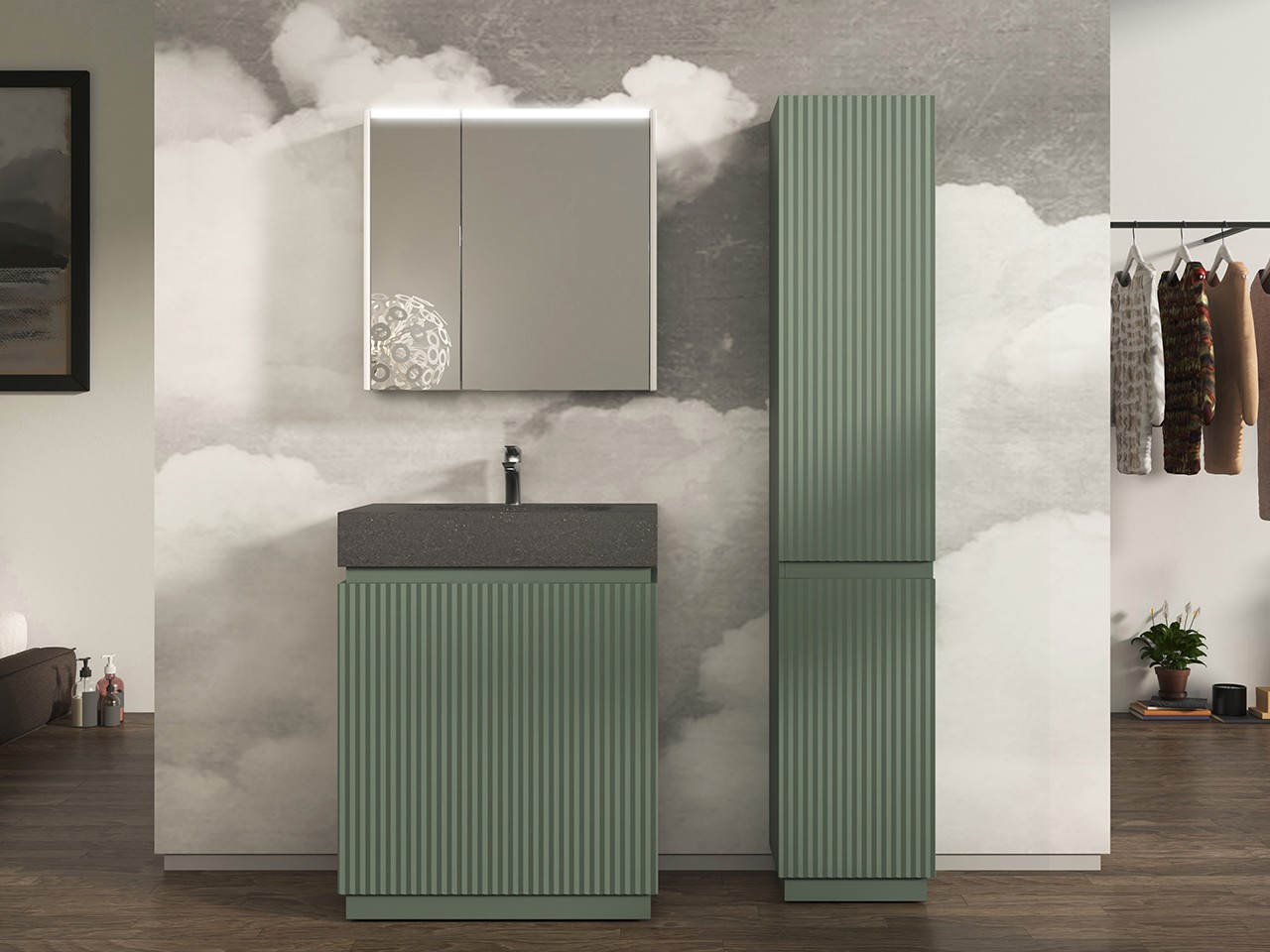Mobile Bagno FARO Freestanding 70 cm Cannettato Verde Opaco e Lavabo ...