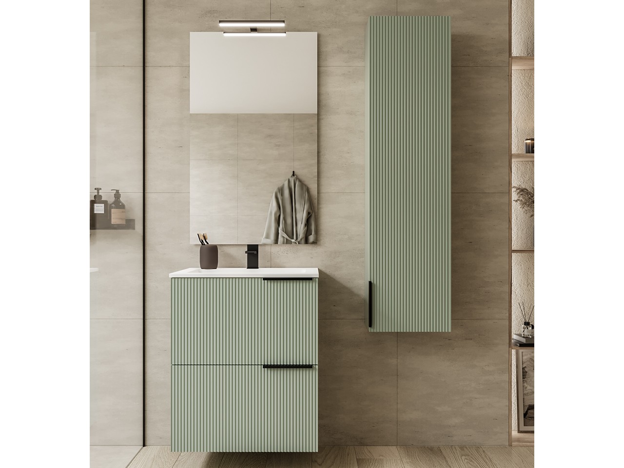 Mobile Bagno AVIVO 60 cm 2 Cassetti Cannettato Verde Opaco con Lavabo ...