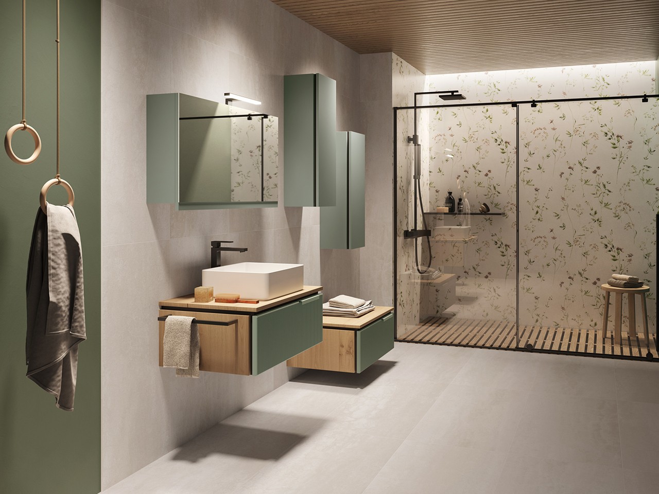 Mobile Bagno BLUES 90 cm 1 Cassetto Cannucciato Verde Salvia Opaco con ...