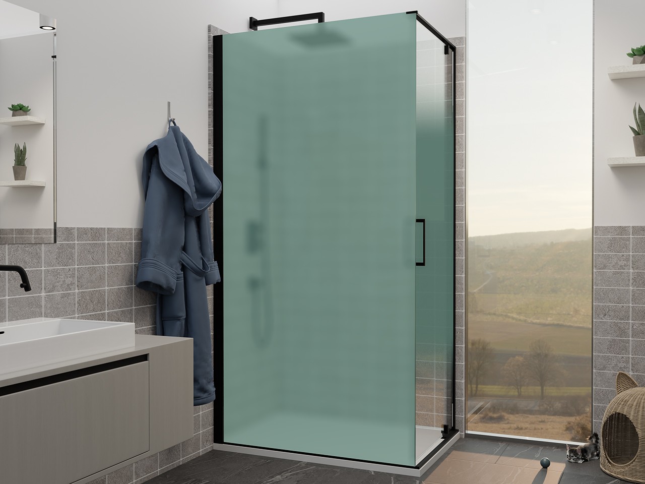 DADO SHOWER BOX 90X80 H200 RIGHT PIVOT DOOR CRYSTAL SATIN MATT BLACK ...