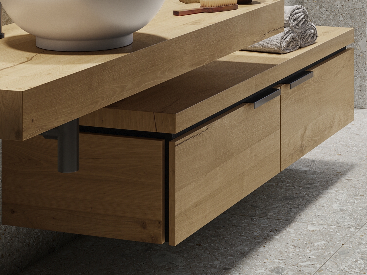 Commode suspendue OXYGEN 140 cm 2 tiroirs en ligne et plateau en bois ...