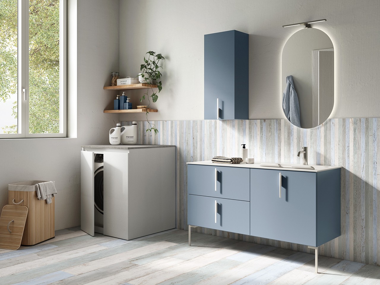 DESK 130 cm Matte Avio Blue Laundry Cabinet, Matt White Handles and ...