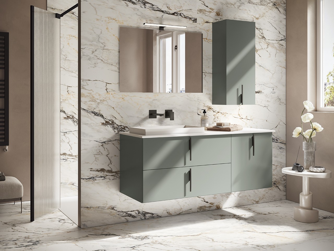 Mobile Bagno DESK 140 cm Verde Opaco - Maniglie Nero Op. e Lavabo STAR ...