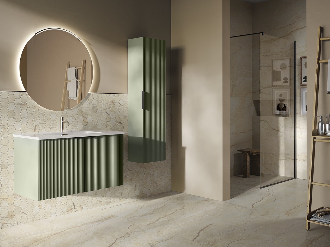 Mobile Bagno AVIVO 90 cm 2 Ante Cannettato Verde Opaco con Lavabo ...