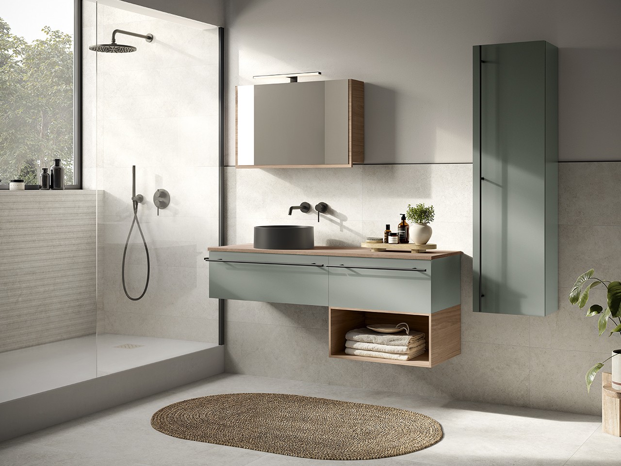 Mobile Bagno LUMI L140 cm a 2 Cassetti Finitura Noce/Verde Opaco con ...