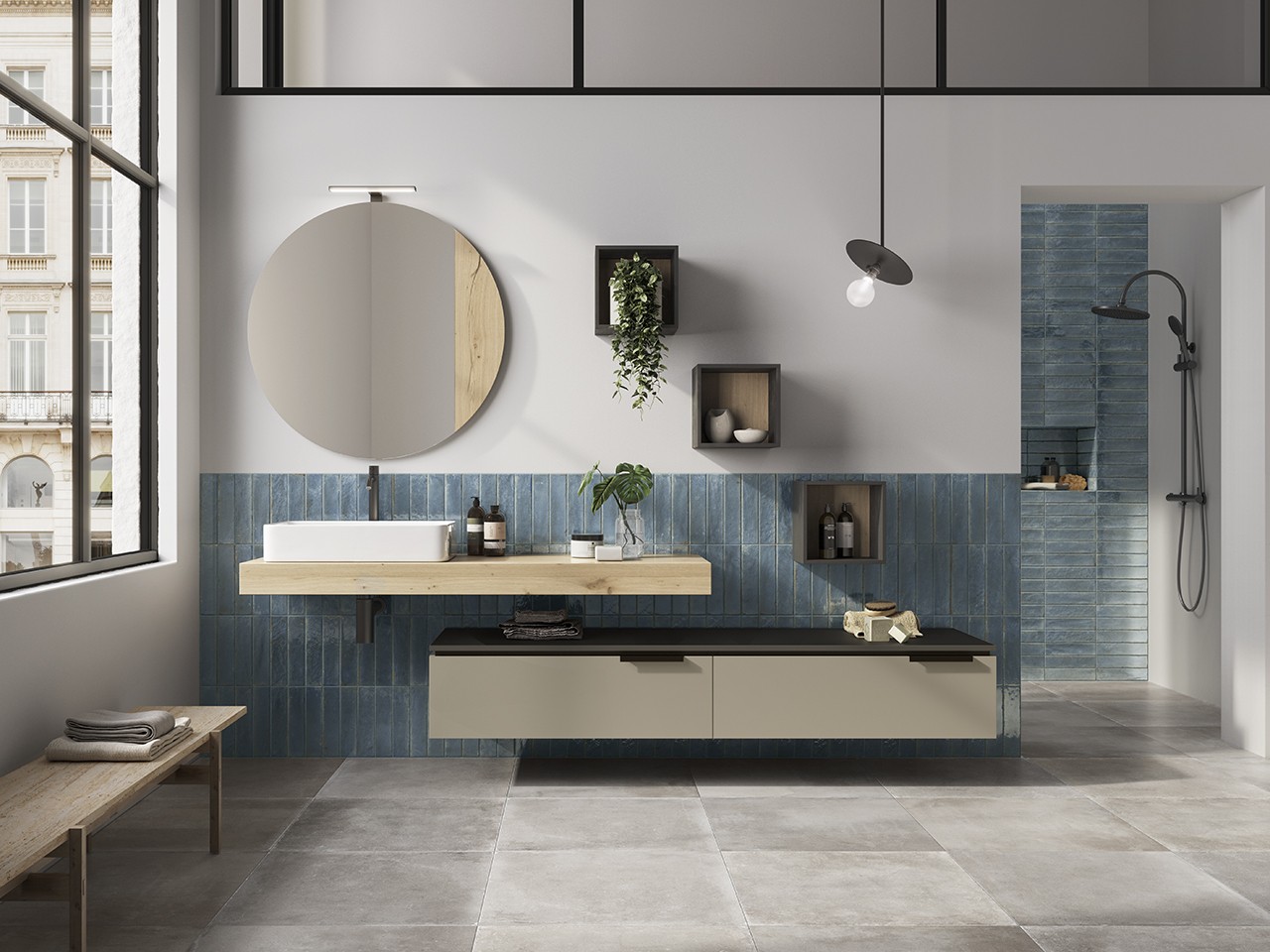 Commode TOUCH 140 cm 2 tiroirs taupe mat et plan 1,8 cm noir mat ...