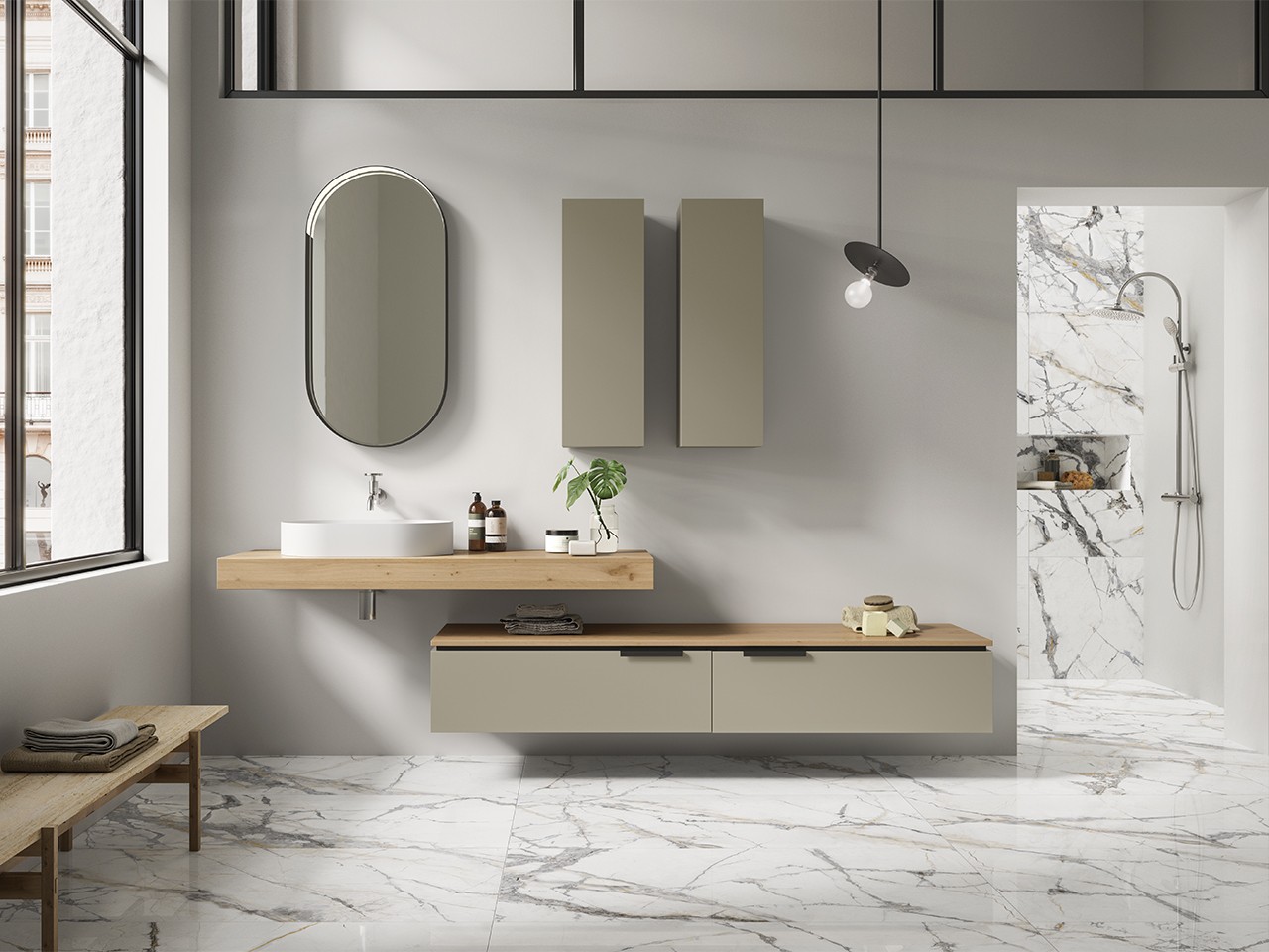 Commode TOUCH 140 cm 2 tiroirs taupe mat et plan 1,8 cm chêne à nœuds ...