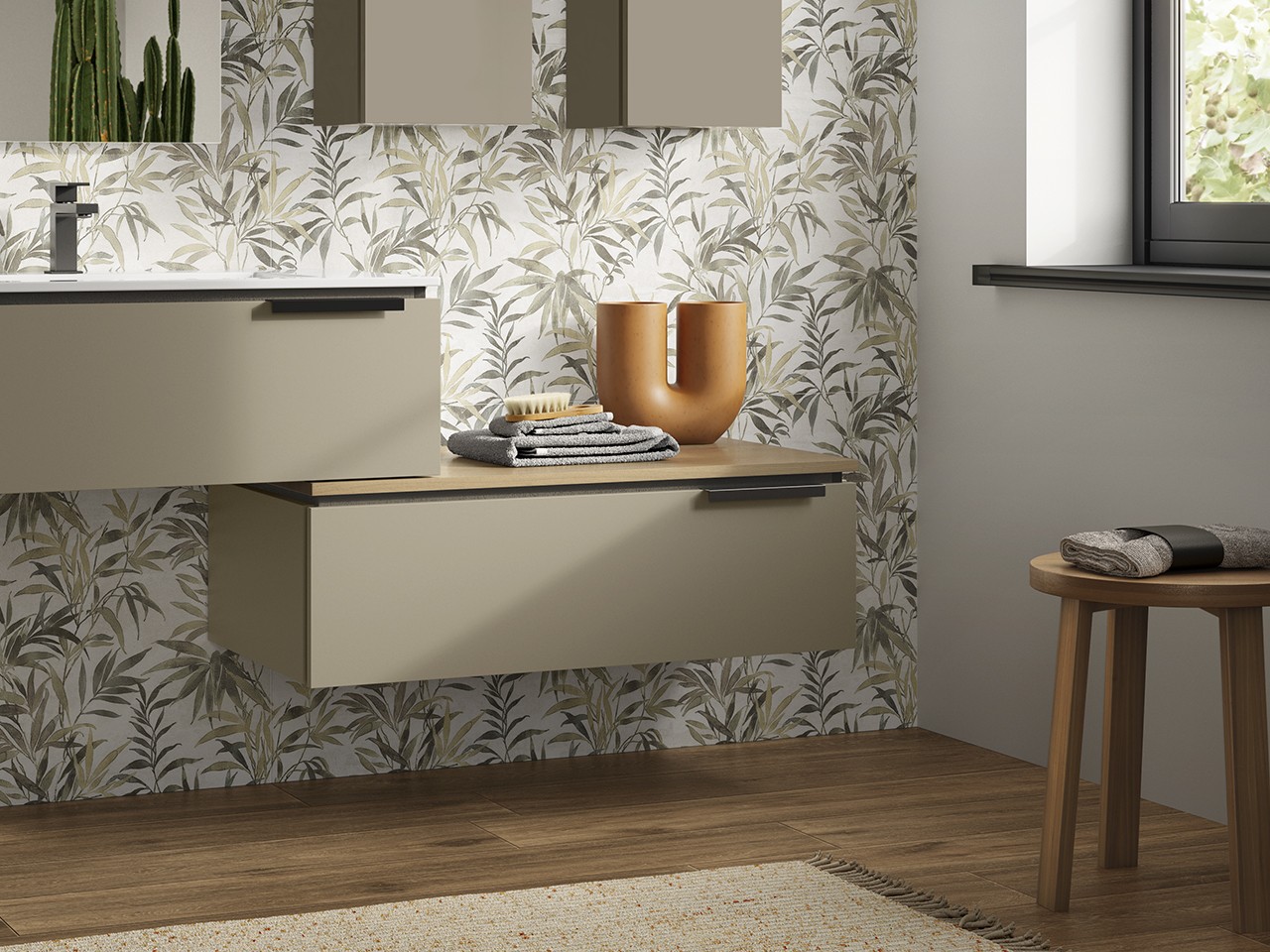Commode TOUCH 70 cm 1 tiroir taupe mat et plan 1,8 cm chêne à nœuds ...