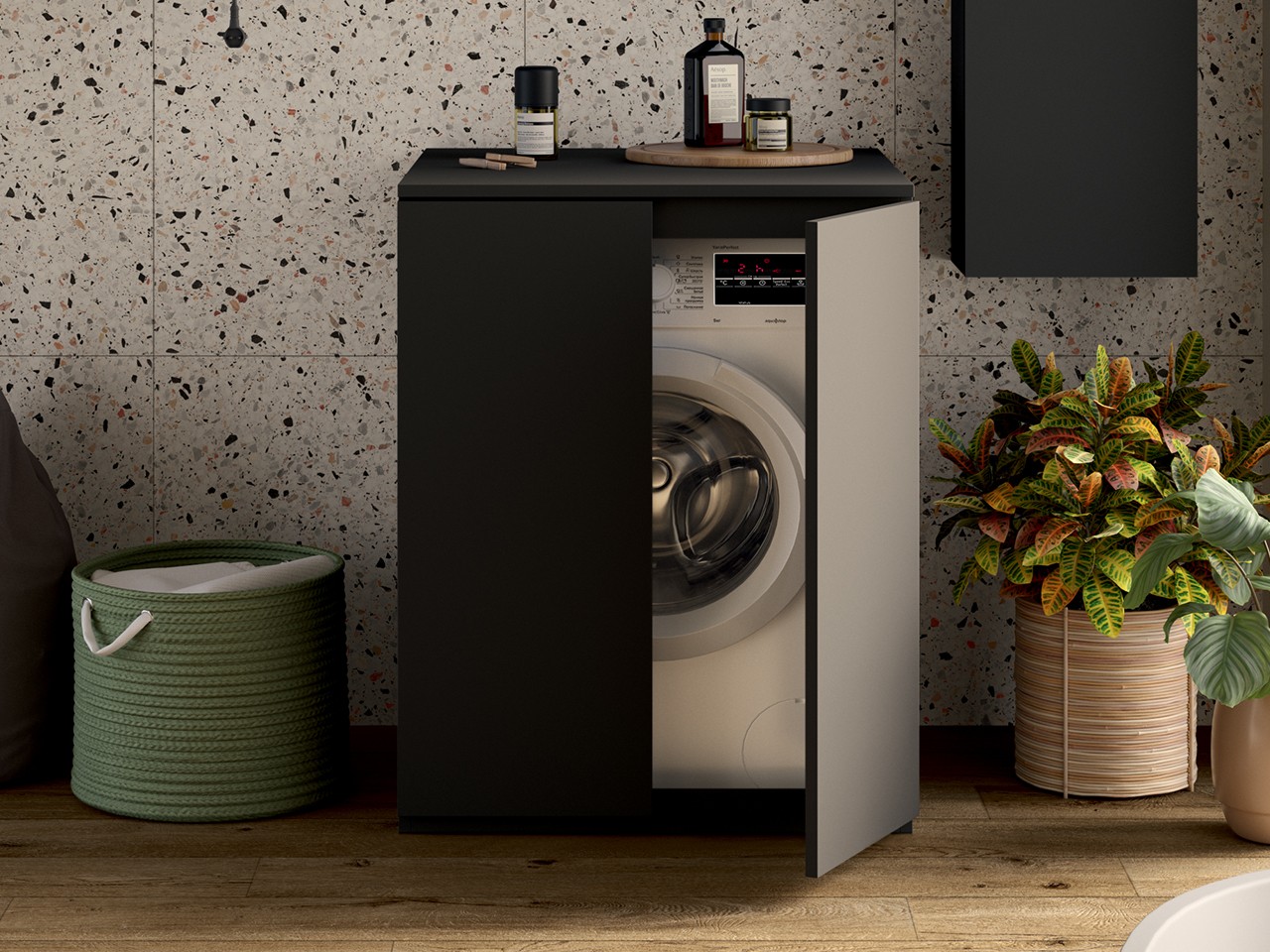 Touch Washing Machine Cabinet with 2 Doors Phoenix Matt Black Finish ...