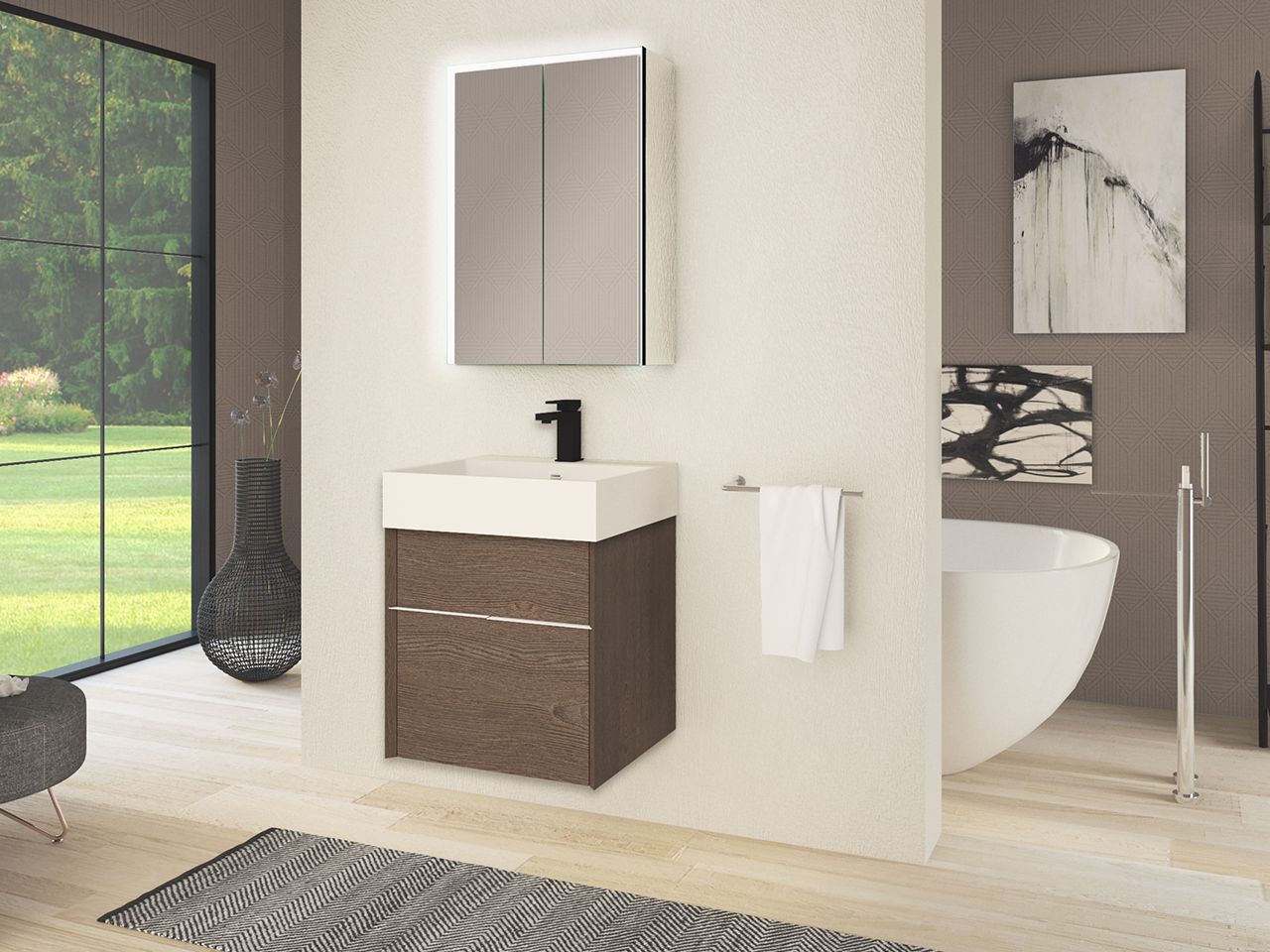 Badmöbel Tribeca 50 cm 2 Schubladen Holzoptik Dunkle Esche mit ...